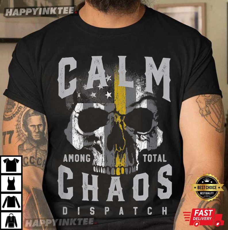 Leo Thin Gold Line Emergency Dispatcher Skull American Flag T-Shirt